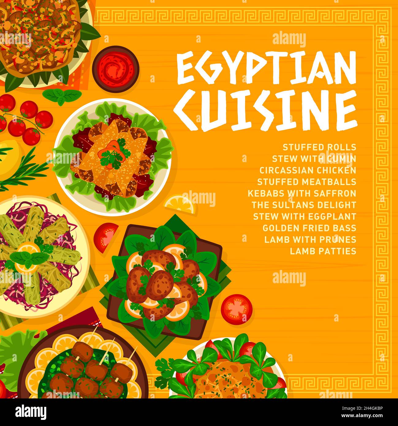 Egyptian cuisine menu cover template. Lamb with prunes, stuffed rolls ...