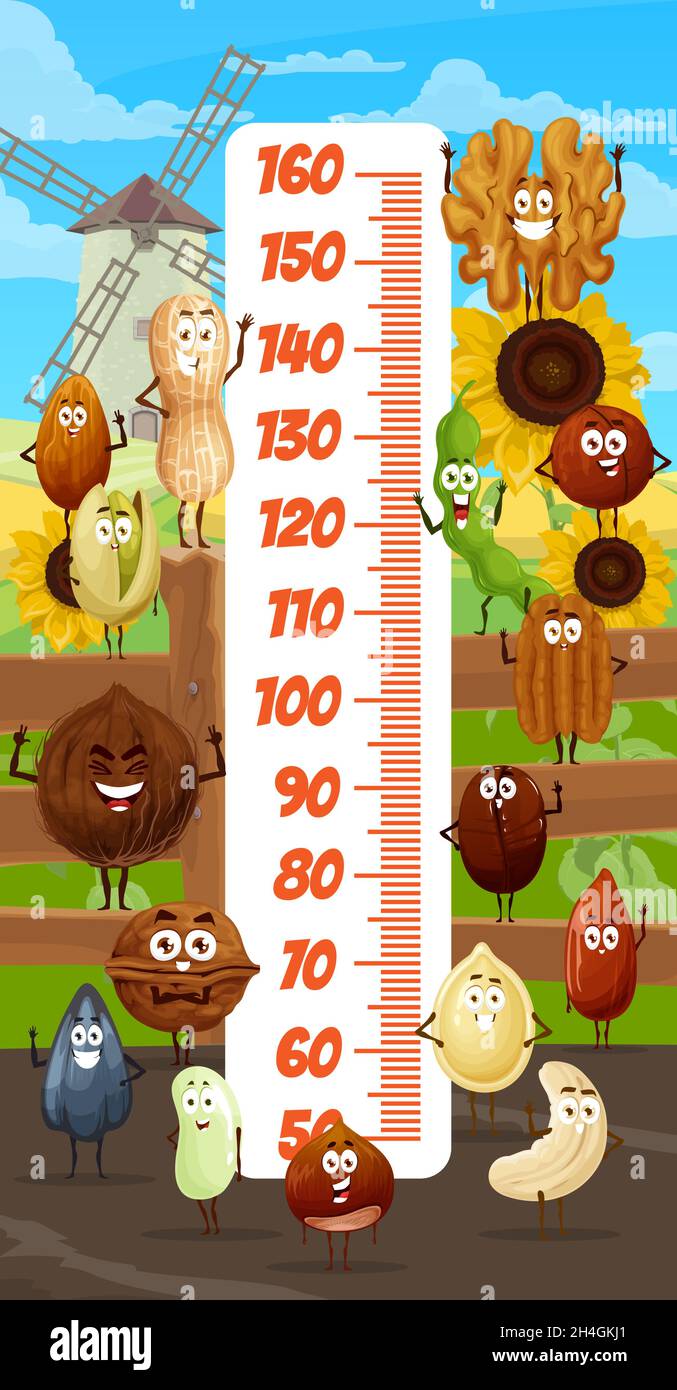 Kids height chart, cartoon nuts and beans on farm, vector growth meter ...