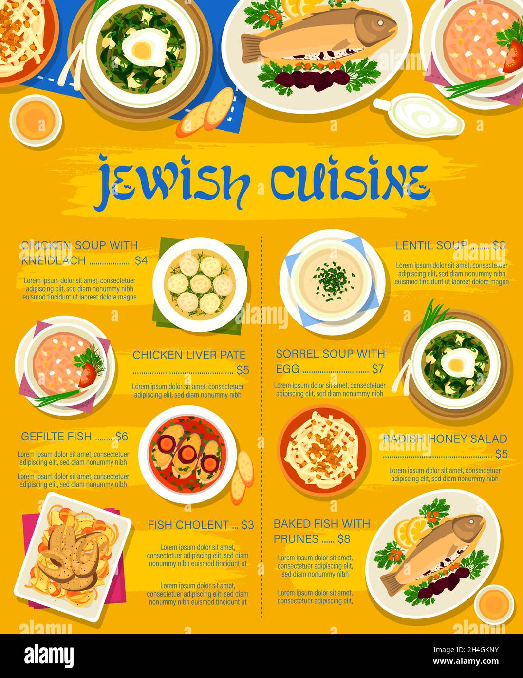Jewish cuisine restaurant menu cover template. Lentil and sorrel soup ...
