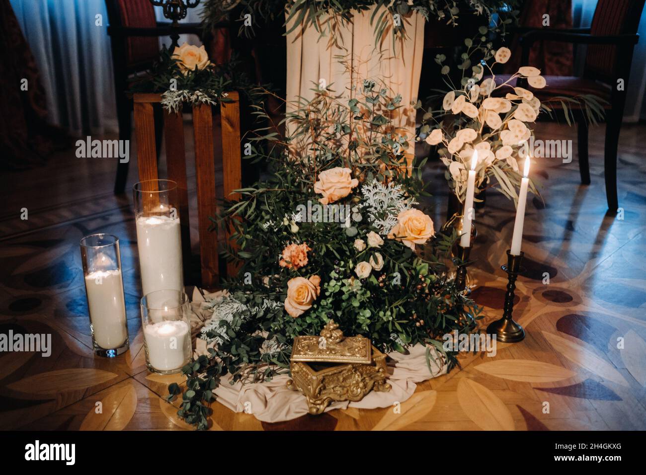 wedding table decoration with flowers on the table in the castle, table ...