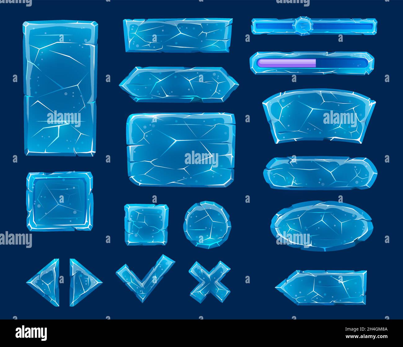 Transparent cartoon ice buttons, sliders, arrows and keys with cracks ...
