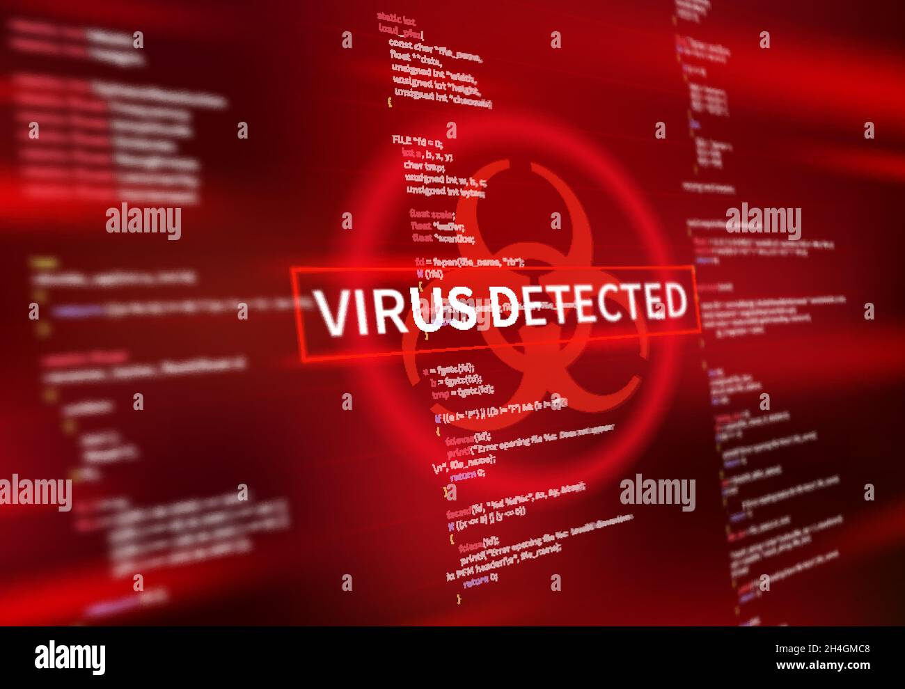 Virus detected warning alert message on computer screen. Cyber security, hacking attack vector ...