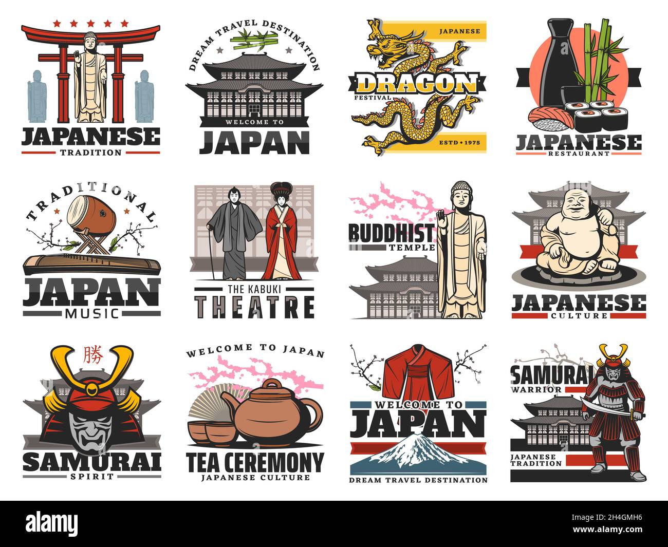 Japan isolated vector icons with Japanese travel landmark, food ...
