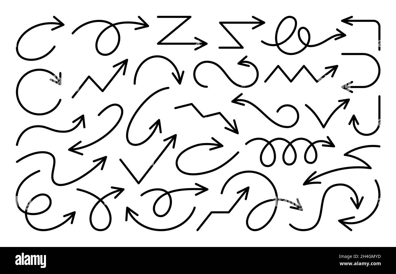 Arrow hand drawn different shape direction black line set. Selection ...