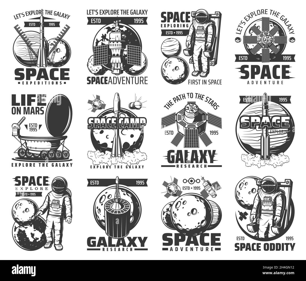 Galaxy explore monochrome vector icons. Universe expedition and ...