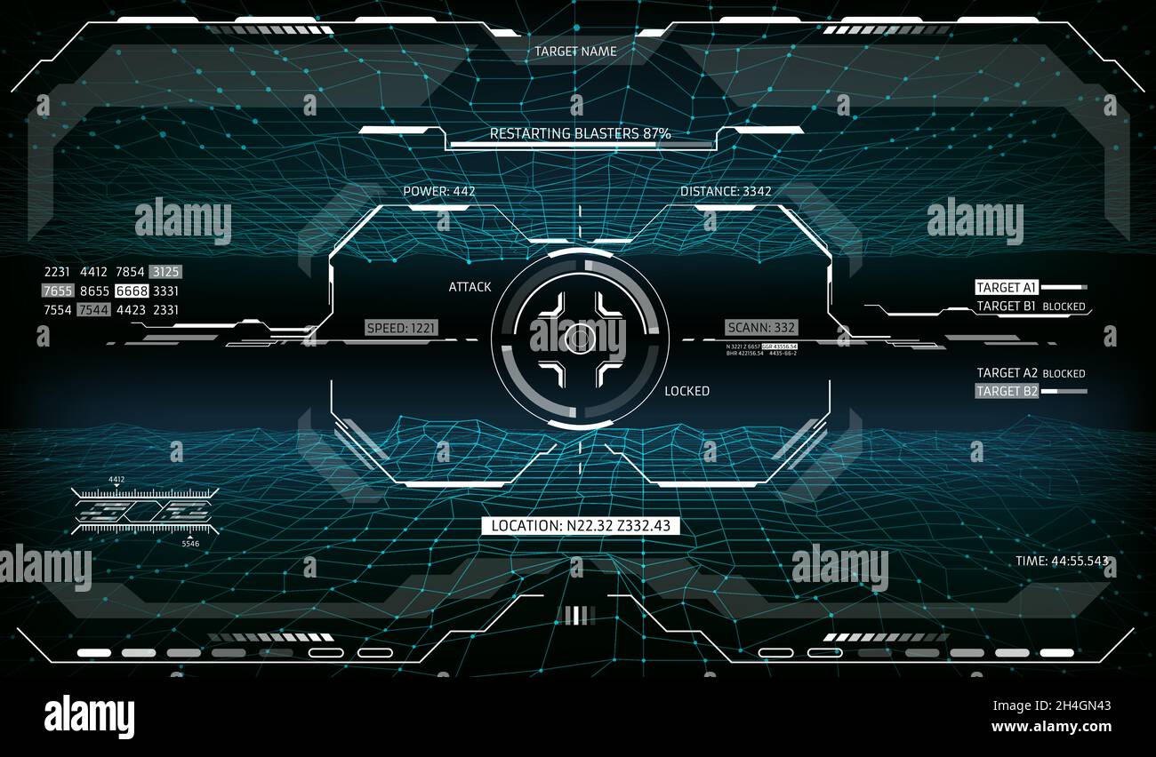 HUD target aim control, futuristic display monitor screen interface. Vector sci fi , UI frame ...