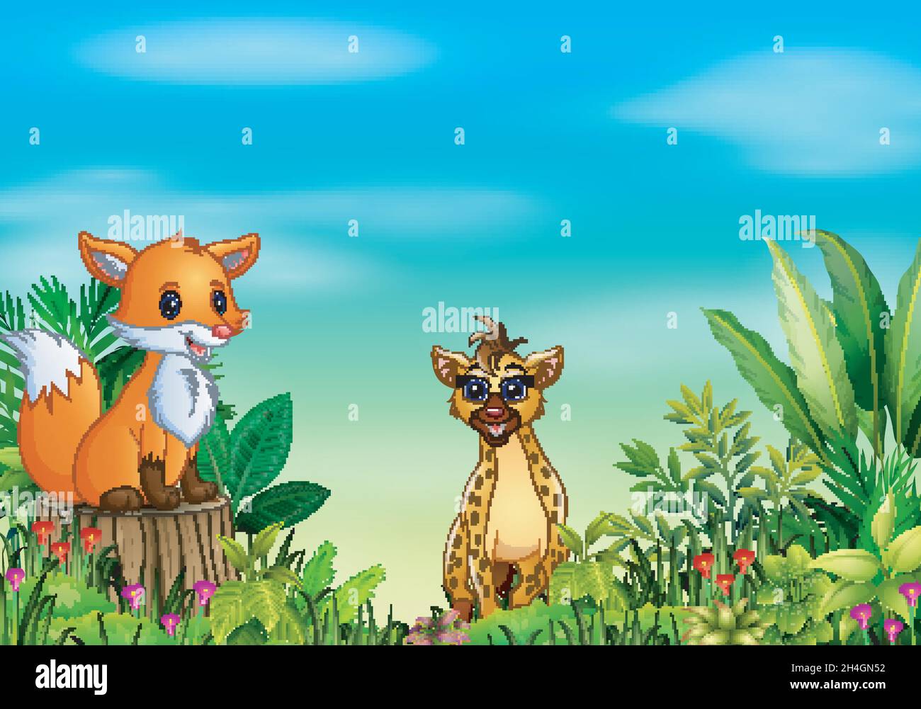 Nature scene with a fox sitting on tree stump and hyena Stock Vector ...