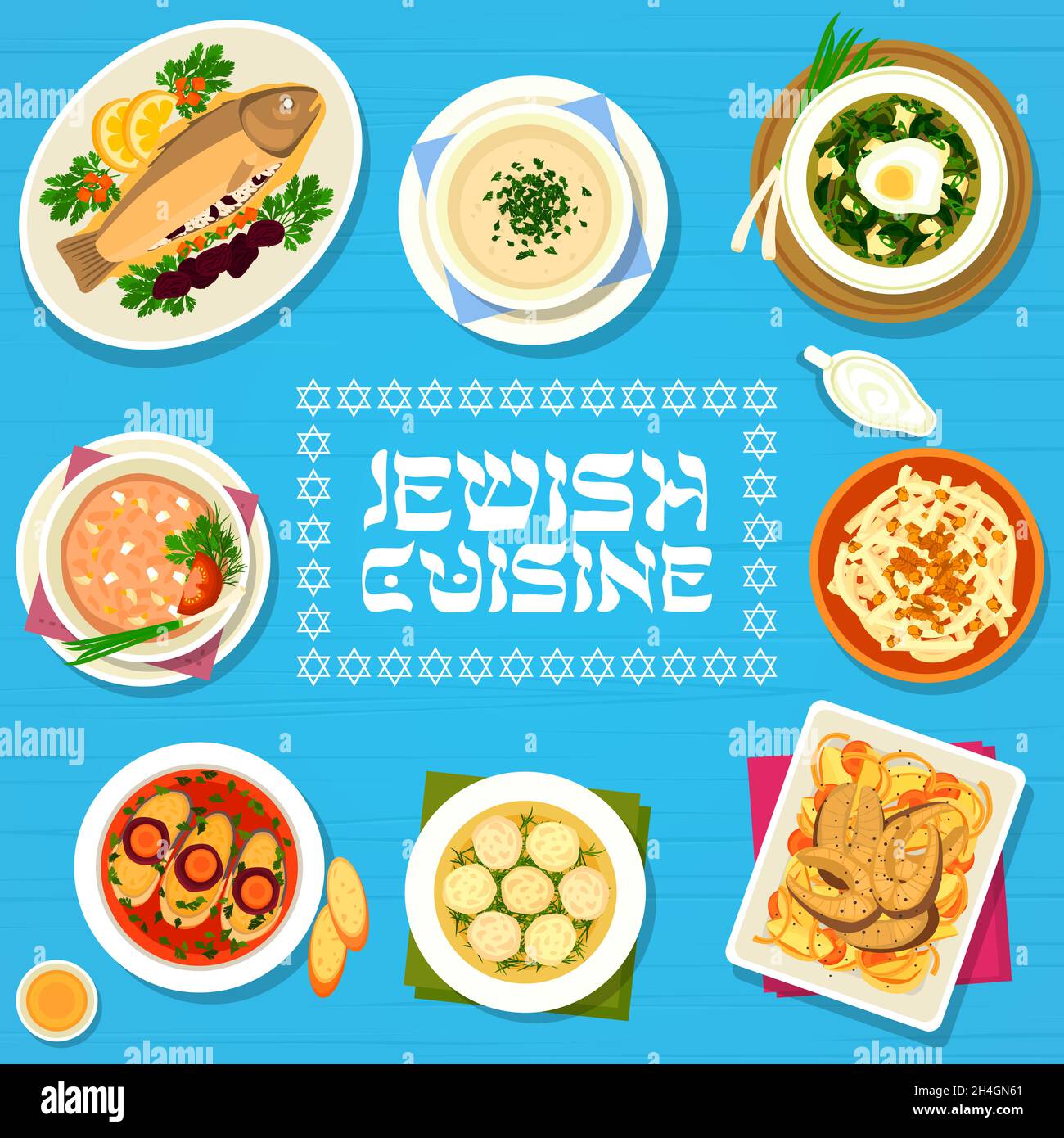 Jewish cuisine restaurant dishes banner. Radish honey salad, chicken ...