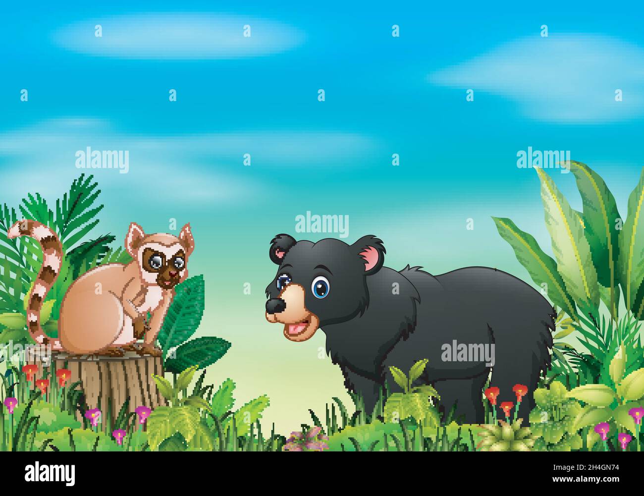 Nature scene with a lemur sitting on tree stump and bear Stock Vector ...