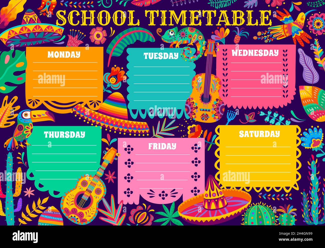 Education timetable schedule with mexican papel picado flags, sombrero ...