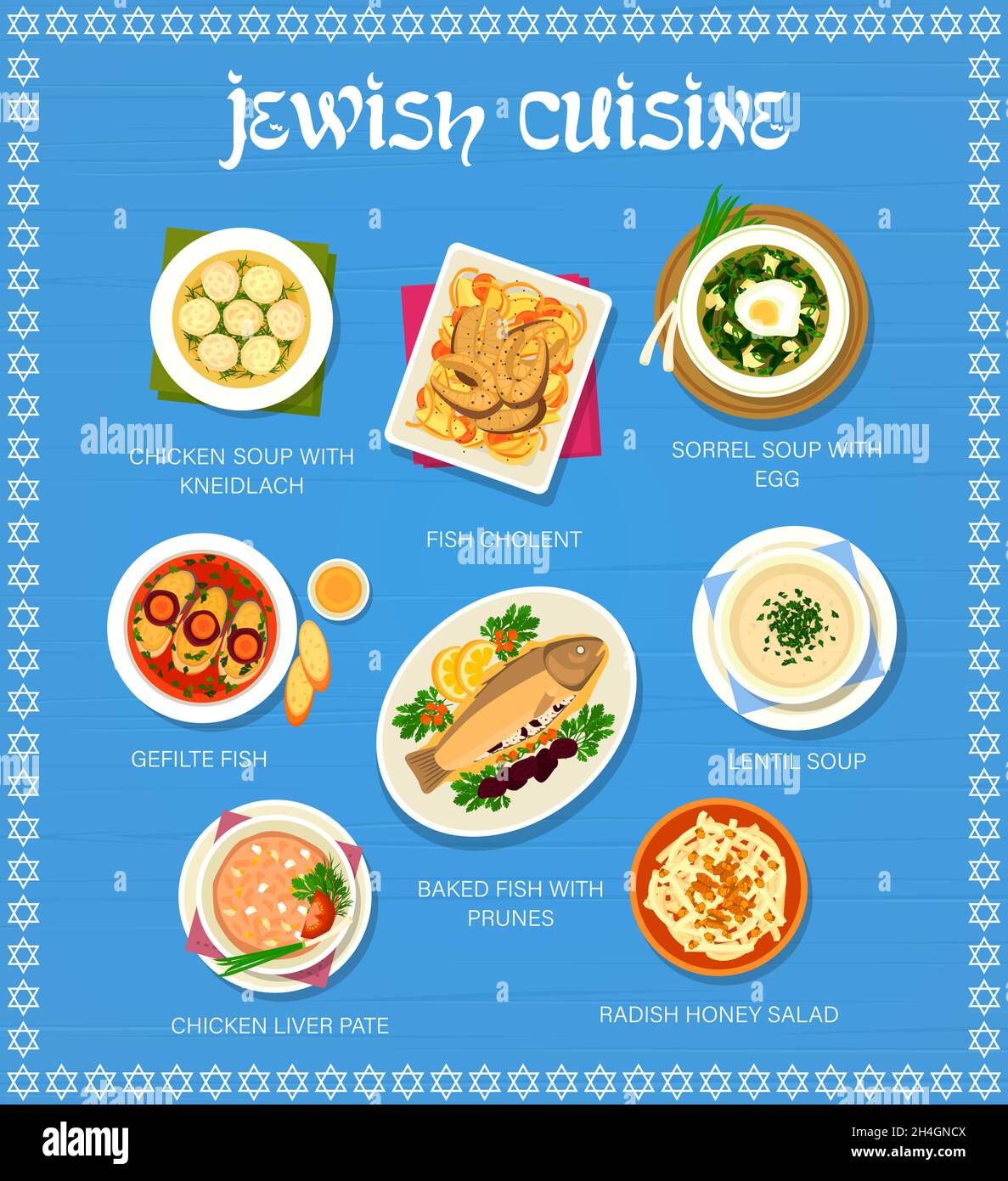 Jewish cuisine restaurant food menu. Chicken soup with kneidlach, baked ...