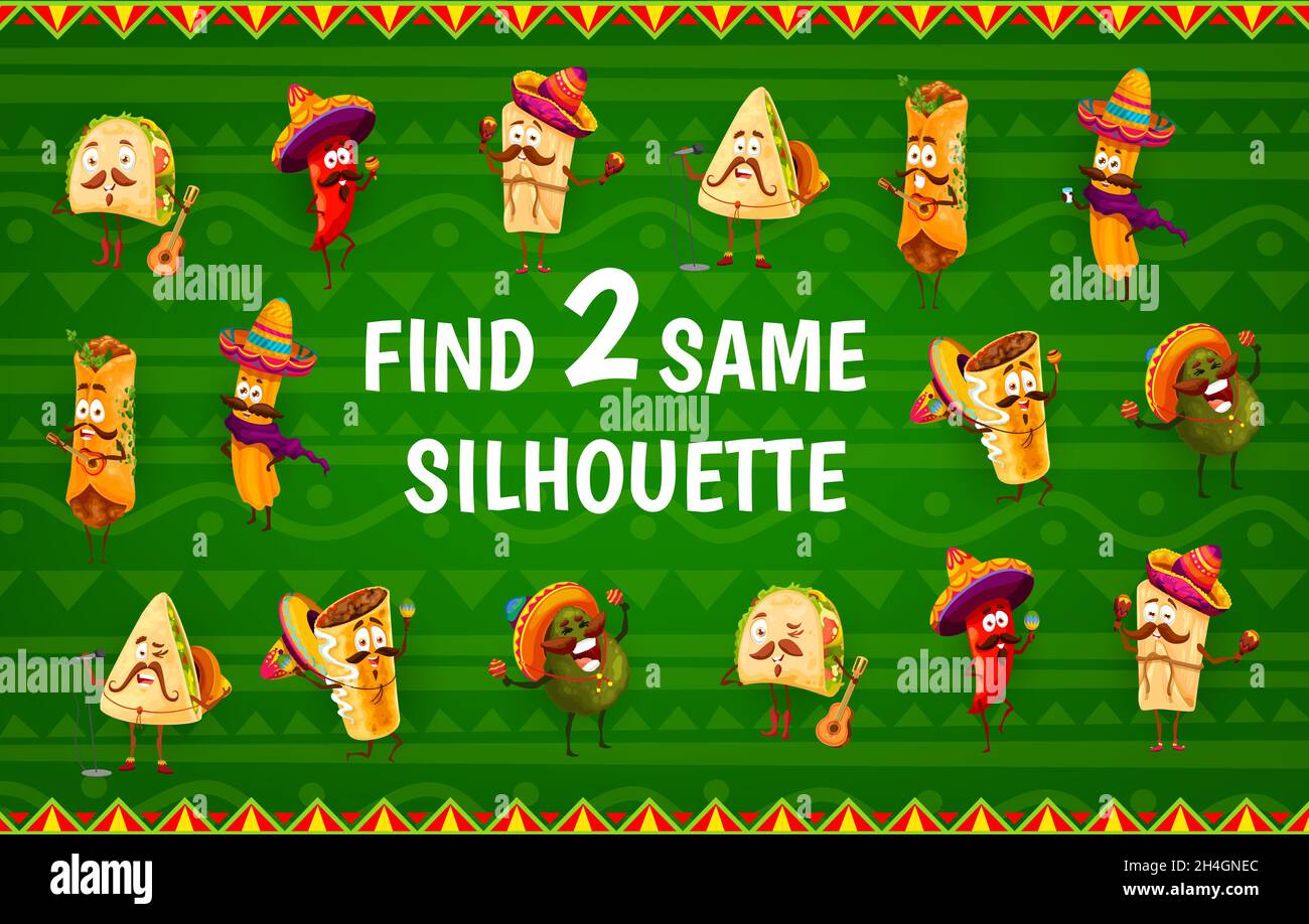 Find two same silhouettes kids game with mexican food characters. Child ...