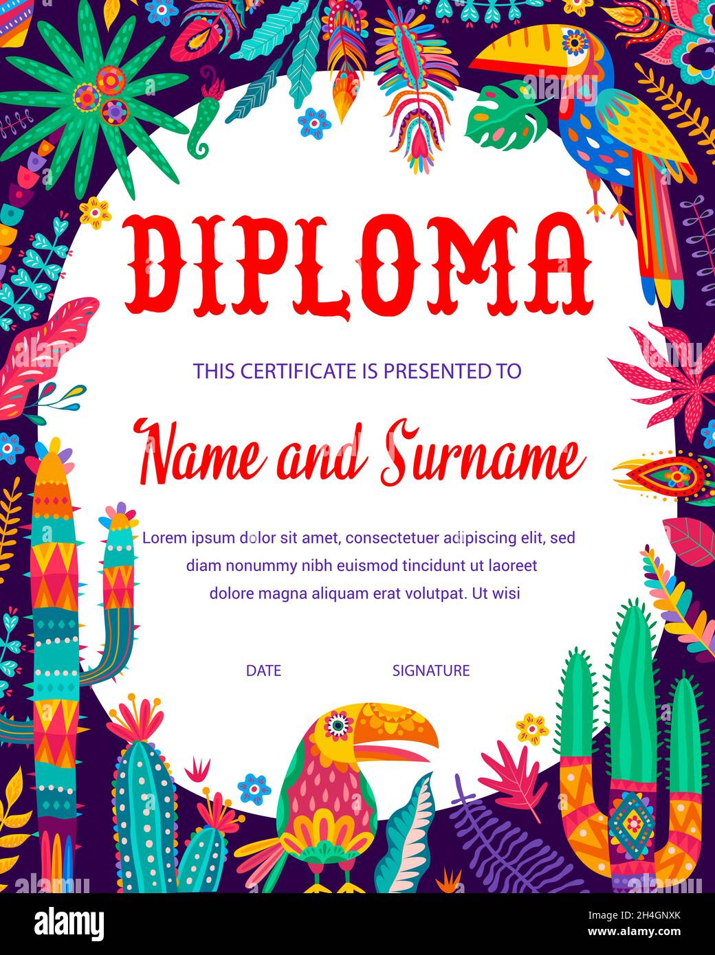 Kids diploma with mexican toucans, cactuses and floral elements ...