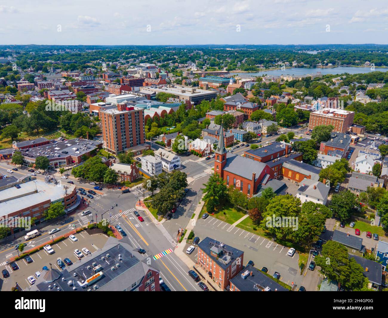 Salem downtown historic district on Essex Street aerial view in city ...