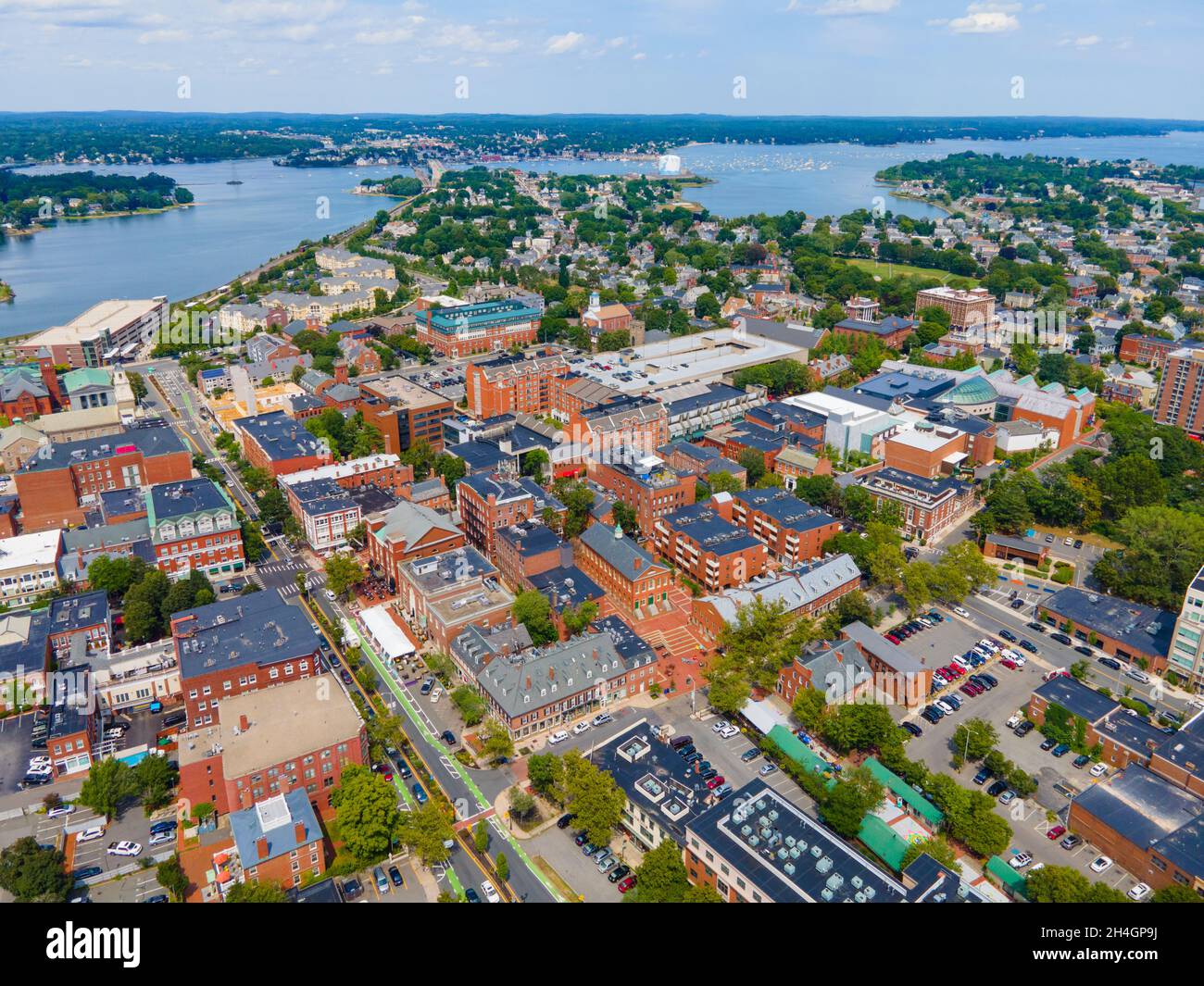 Salem downtown historic district on Essex Street aerial view in city ...