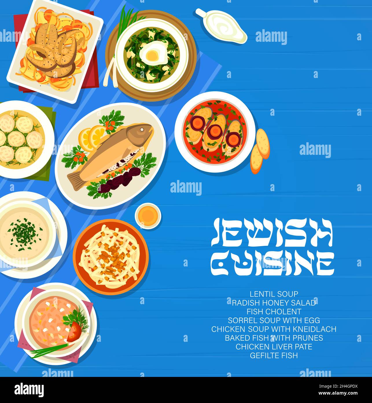 Jewish cuisine restaurant meals banner. Lentil and chicken soup with ...