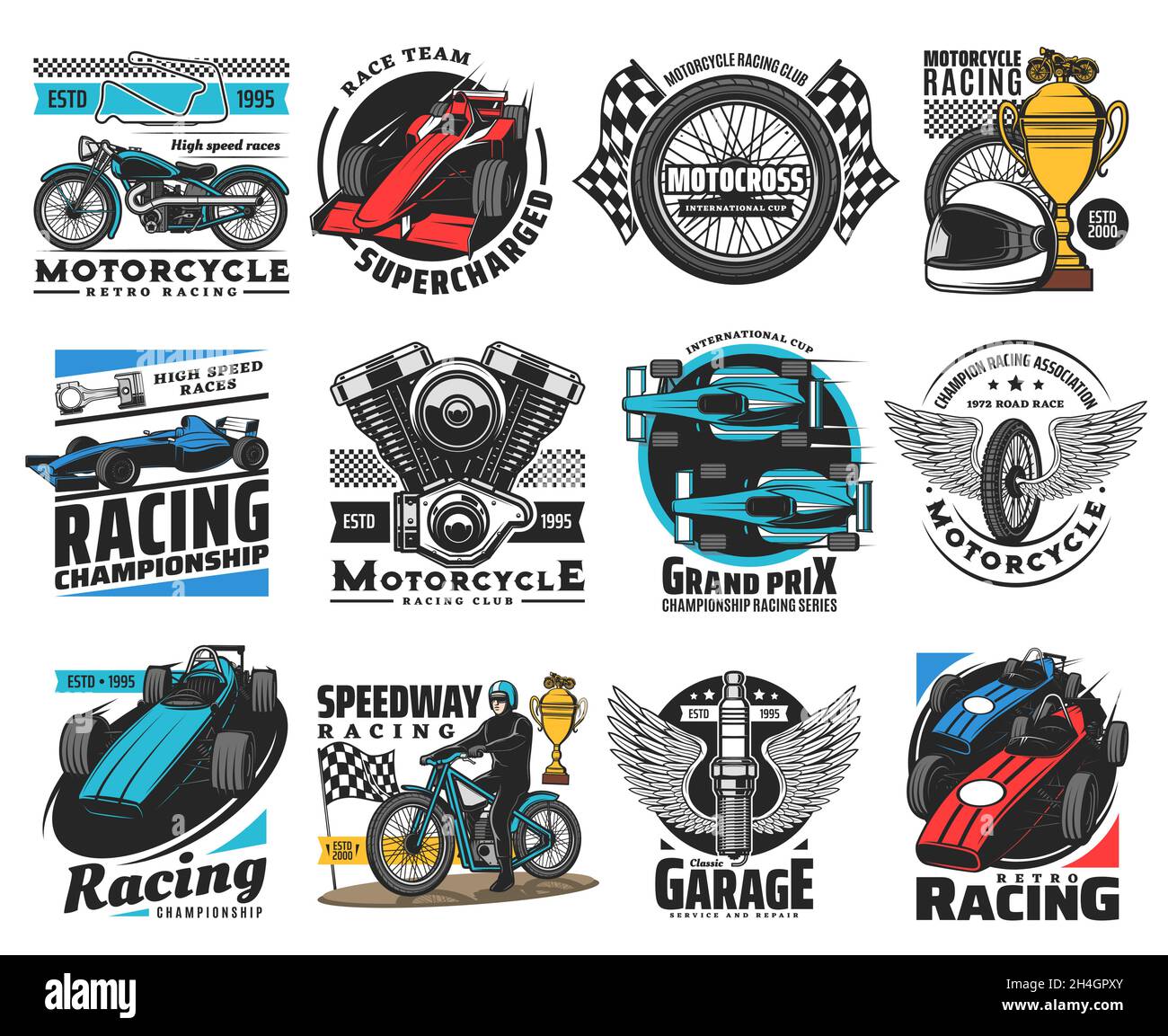 Auto, car and motor racing sport vector icons with motorcycle, open ...