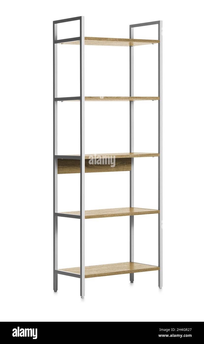 Wooden shelving unit on white background Stock Photo - Alamy