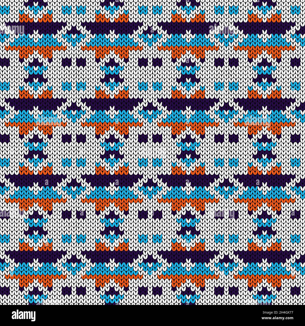 Seamless knitting pattern in blue, orange and white colors, vector ...