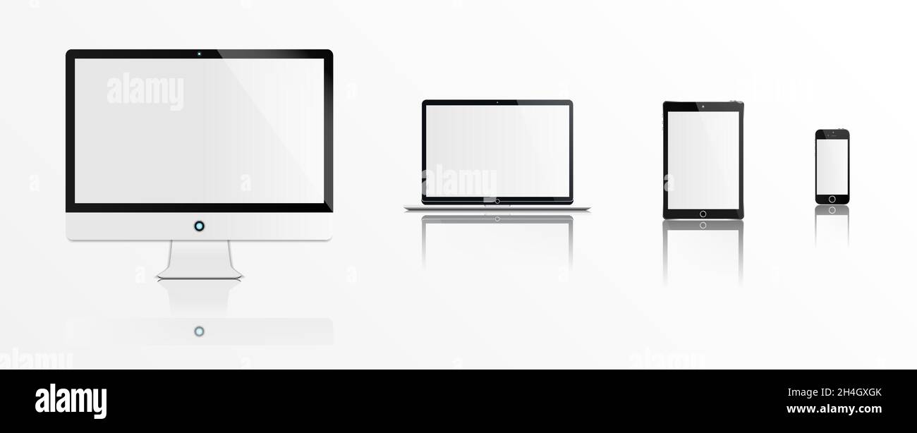 Mockup of Realistic Computer, laptop, tablet, and phone. Set of flat ...