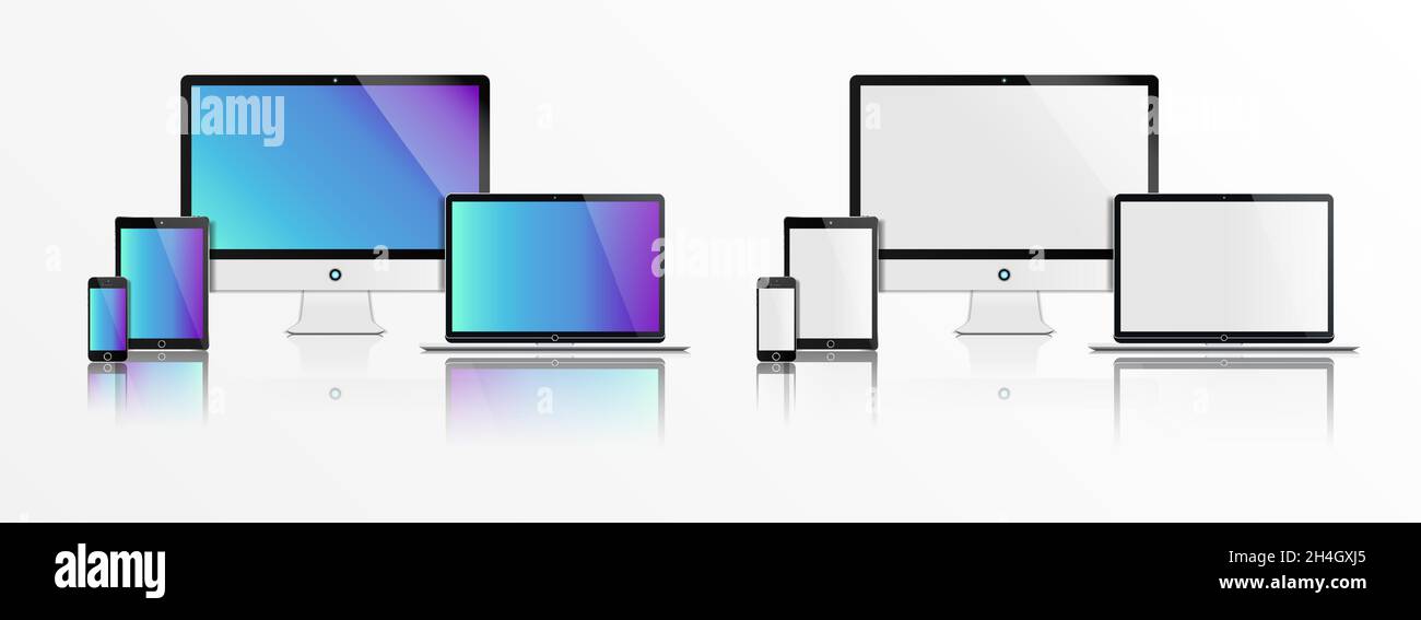 Mockup of Realistic Computer, laptop, tablet, and phone. Set of flat ...