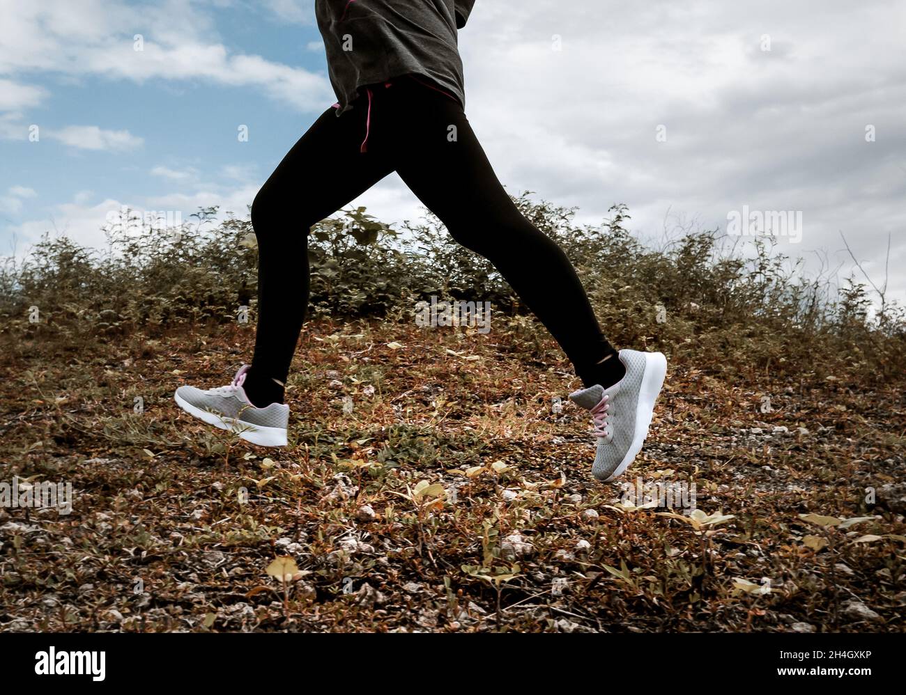Athletic woman running on forest trail. Female runners running in ...