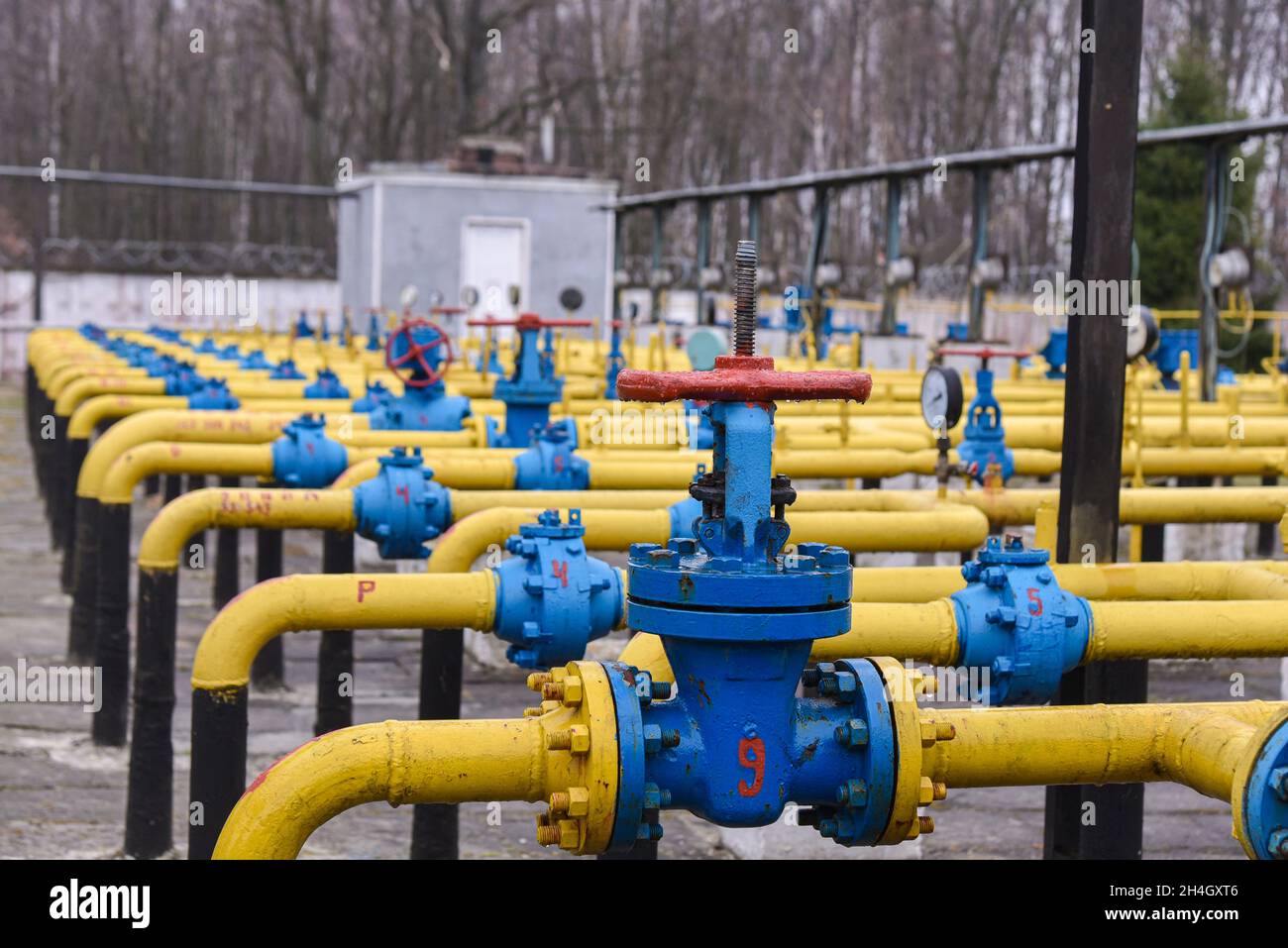 Gas pipes and valve seen at a natural gas station during the ...