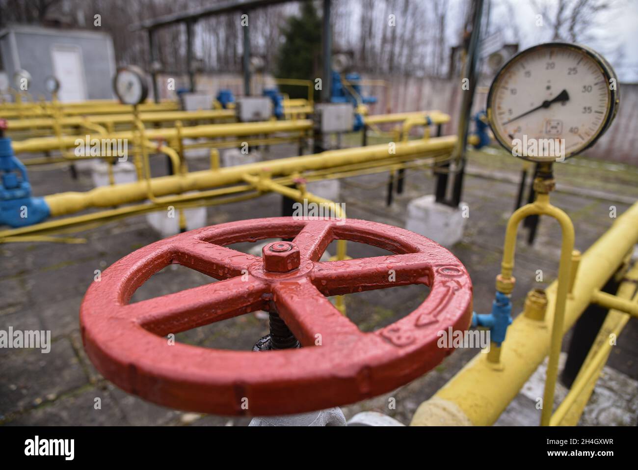 Gas manometer and valve seen at a natural gas station during the ...