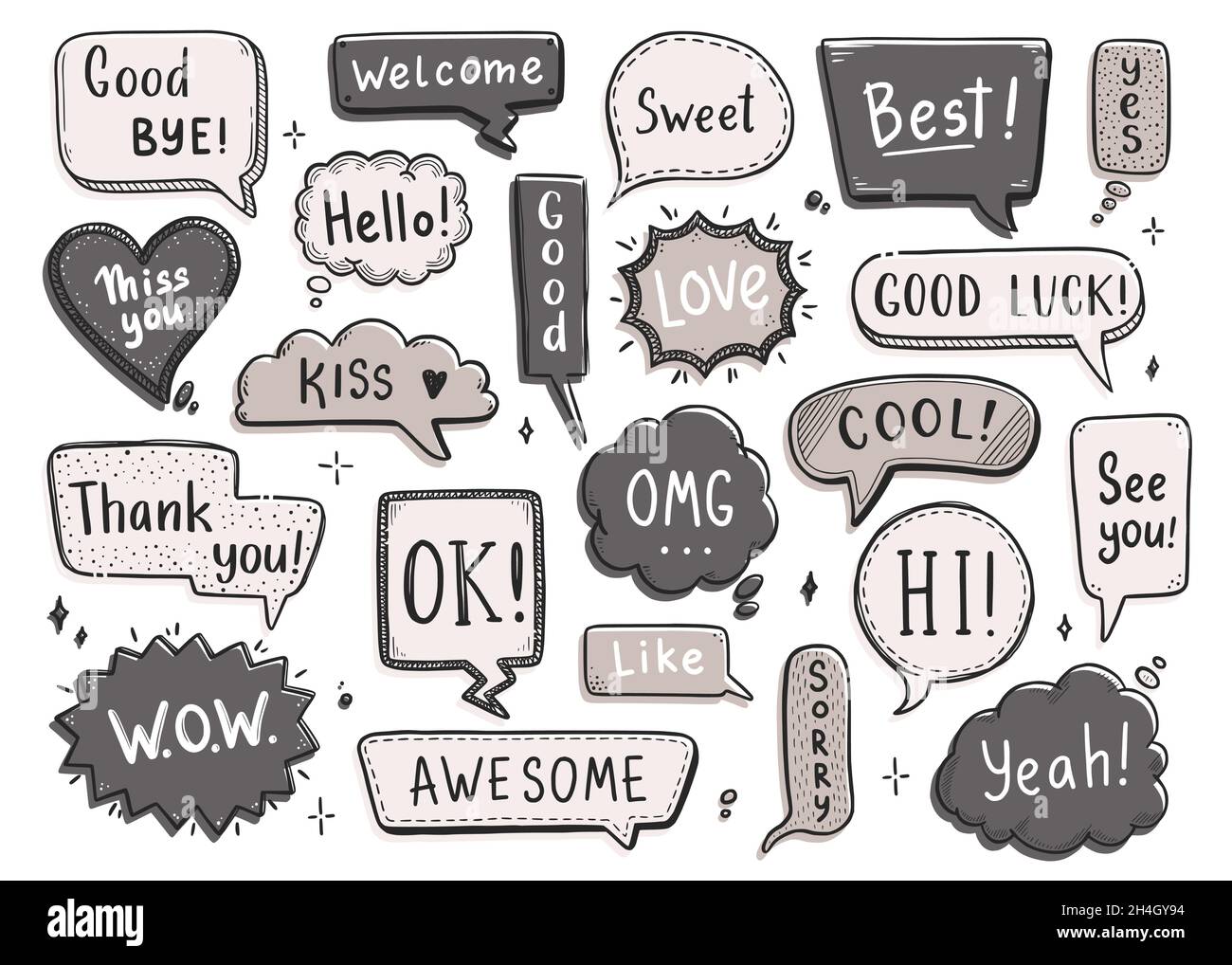 Comic speech bubble set with dialog word hi, ok, bye, welcome. Hand ...