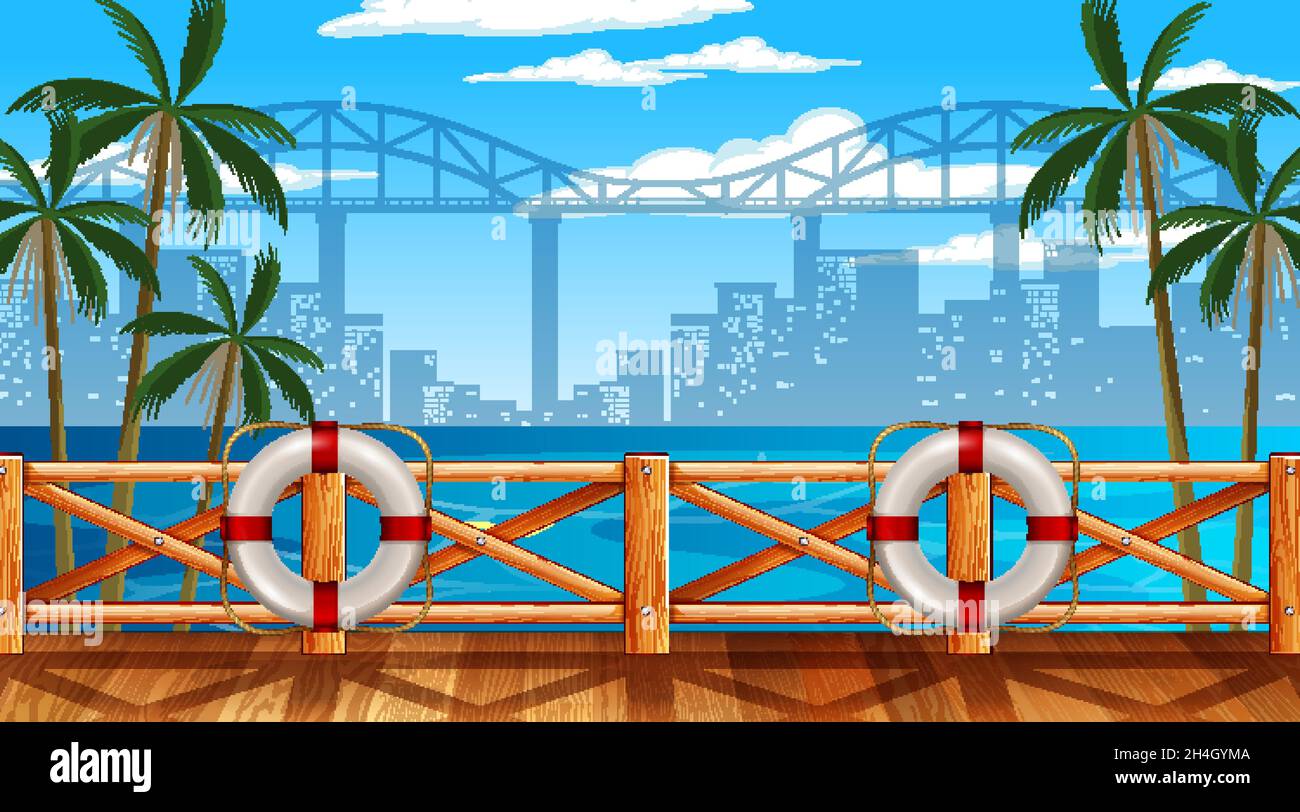 Tropical beach landscape scene with cityscape background illustration ...