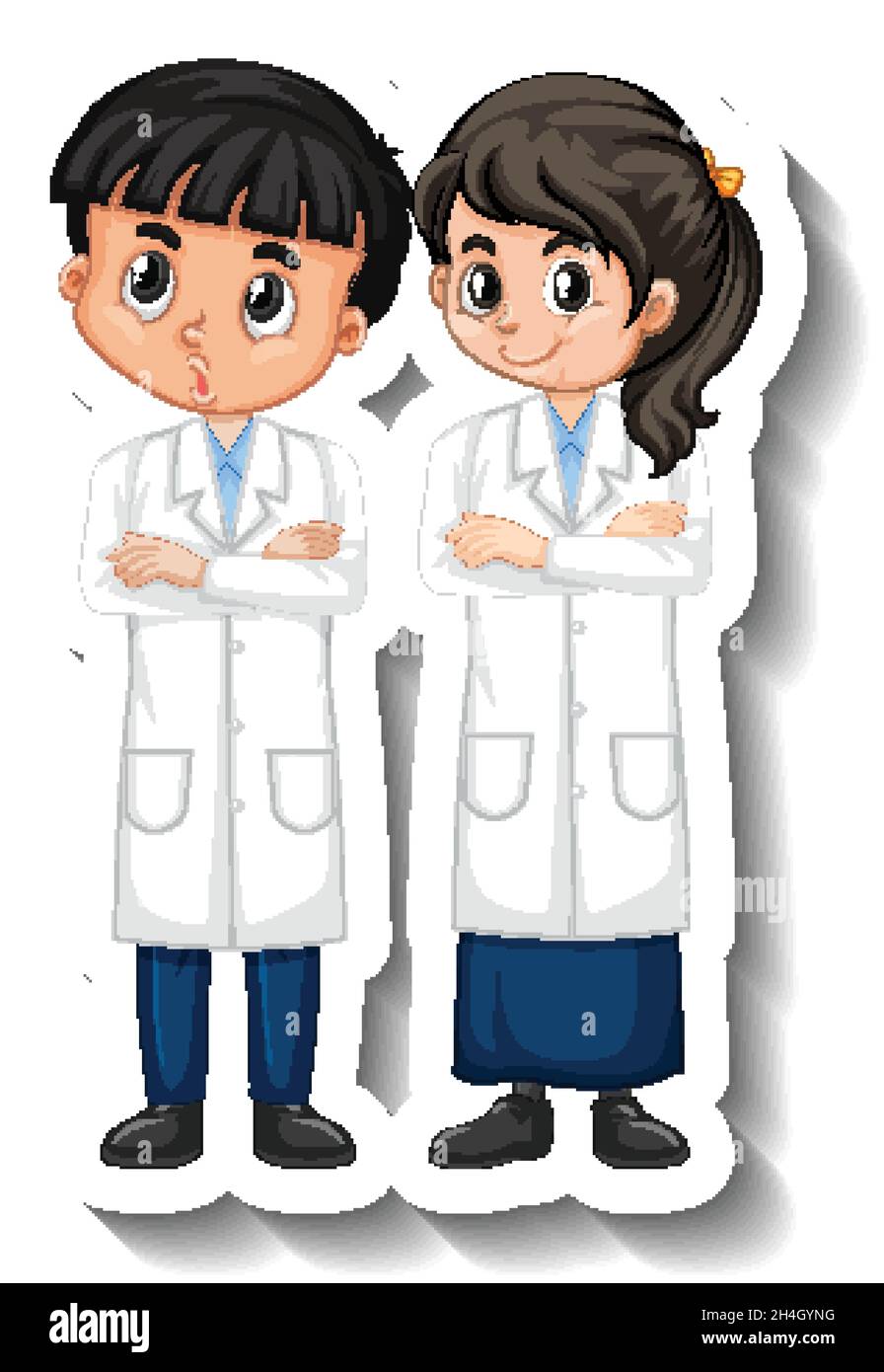 Scientist couple kids cartoon character sticker illustration Stock ...