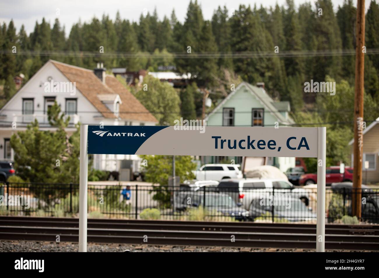 Truckee, California, USA - July 19, 2021: An Amtrak sign with the city ...