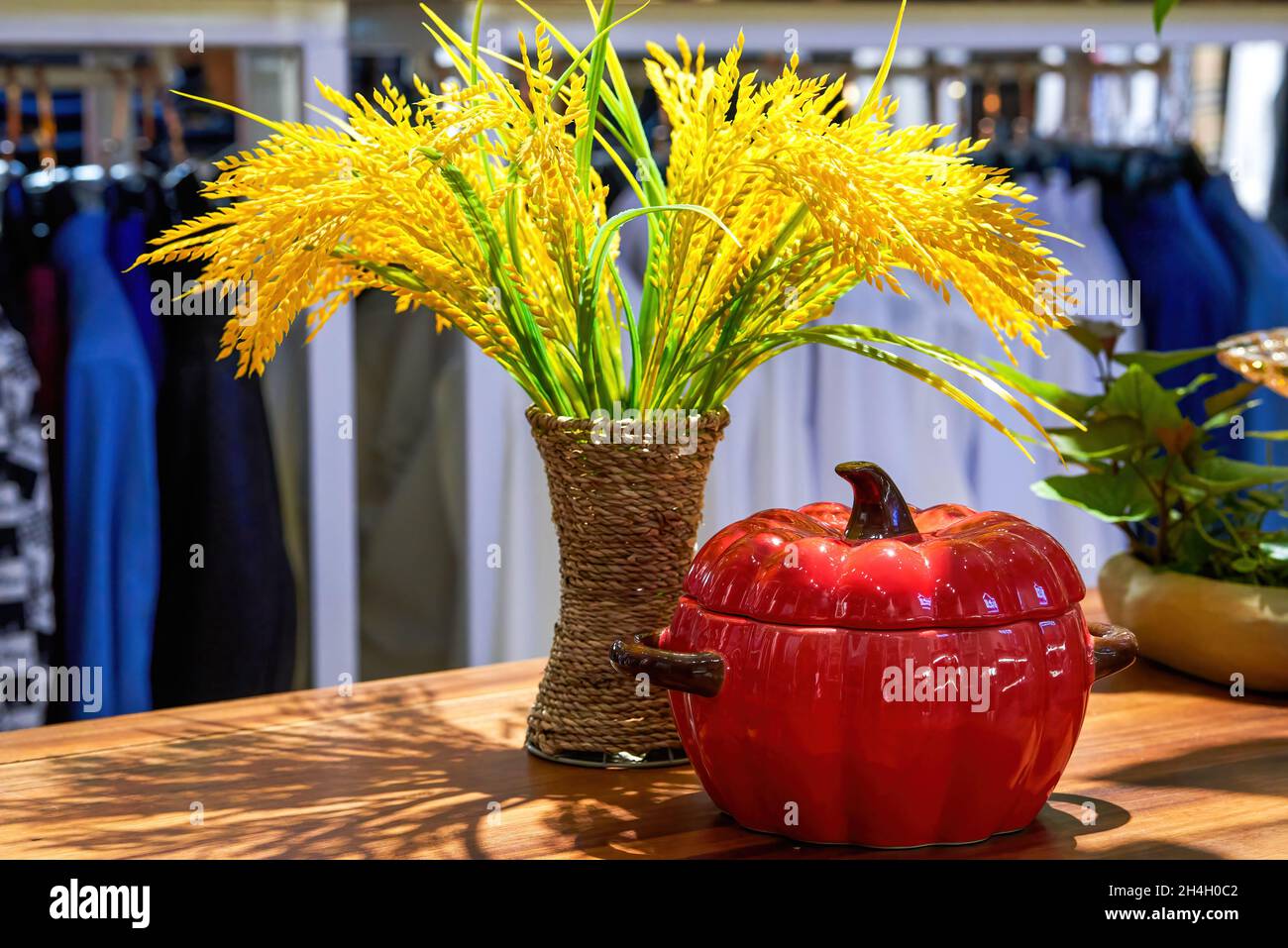 Plants and fake rice decorations on the desktop of a Chinese office ...