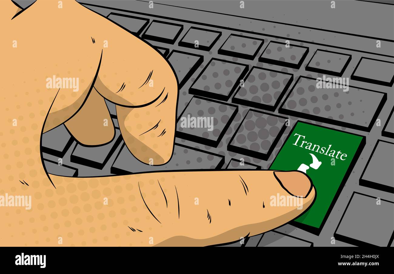 Translate word on computer keyboard. Man push keypad on laptop. Comic ...
