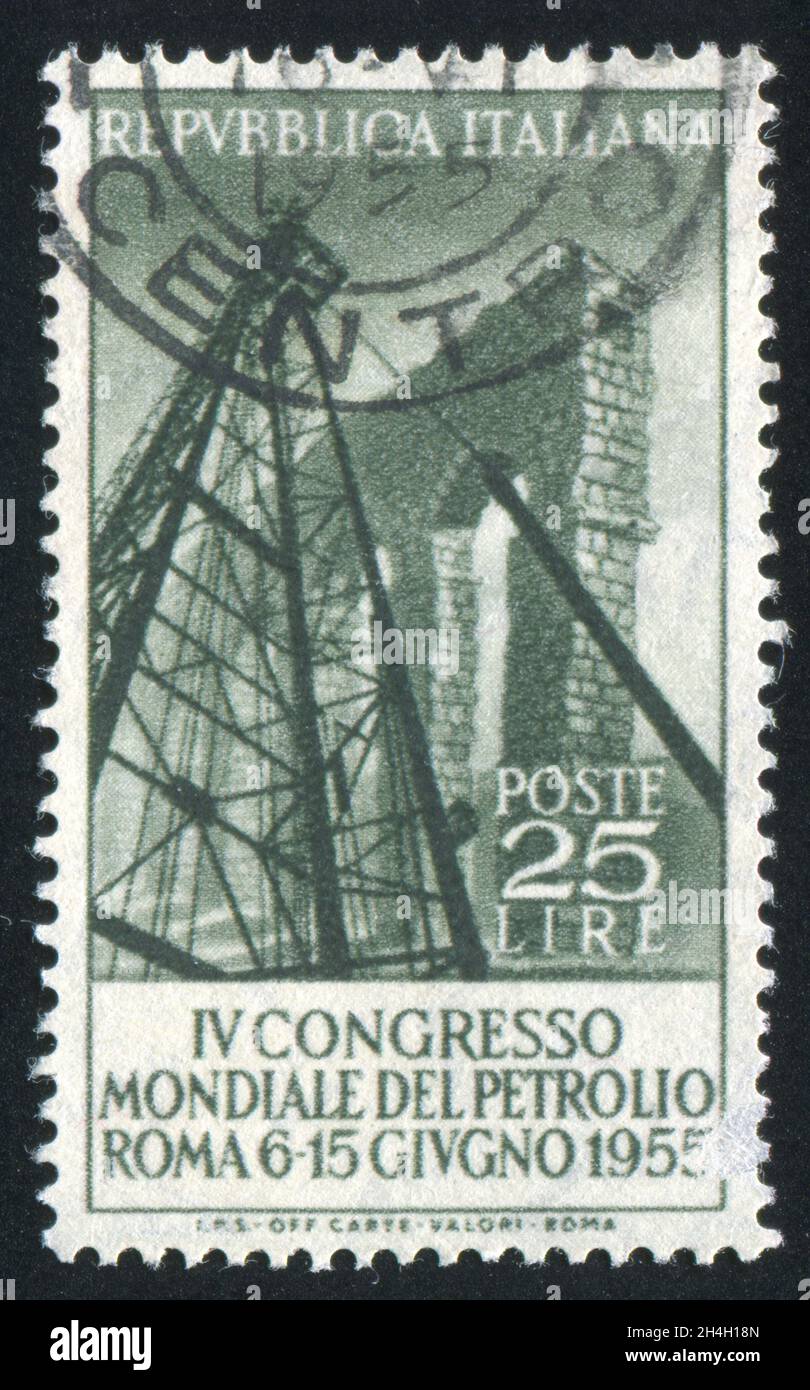 ITALY - CIRCA 1955: stamp printed by Italy, shows Oil Derrick and Old ...