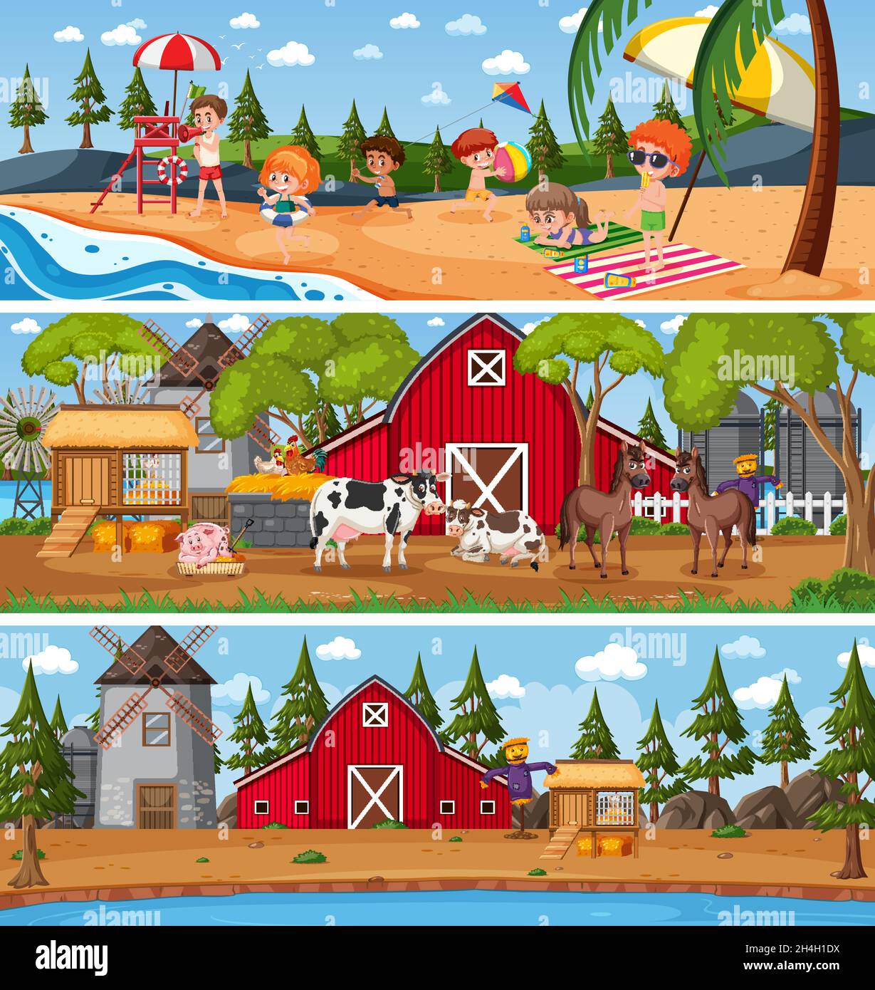 Set of different nature landscape at daytime scene with cartoon ...
