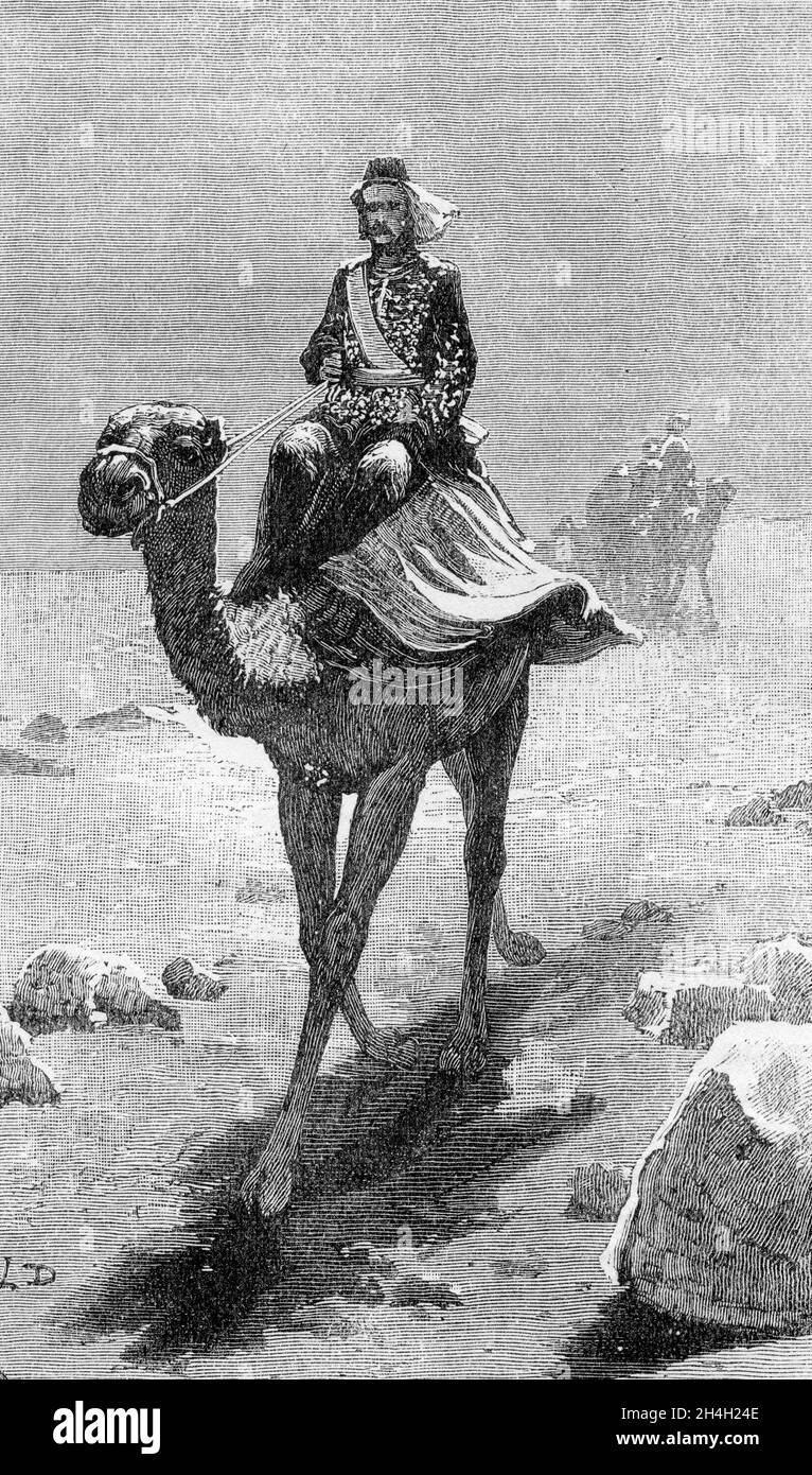 Engraving of Major-General Charles George Gordon (1833 –1885), riding a ...