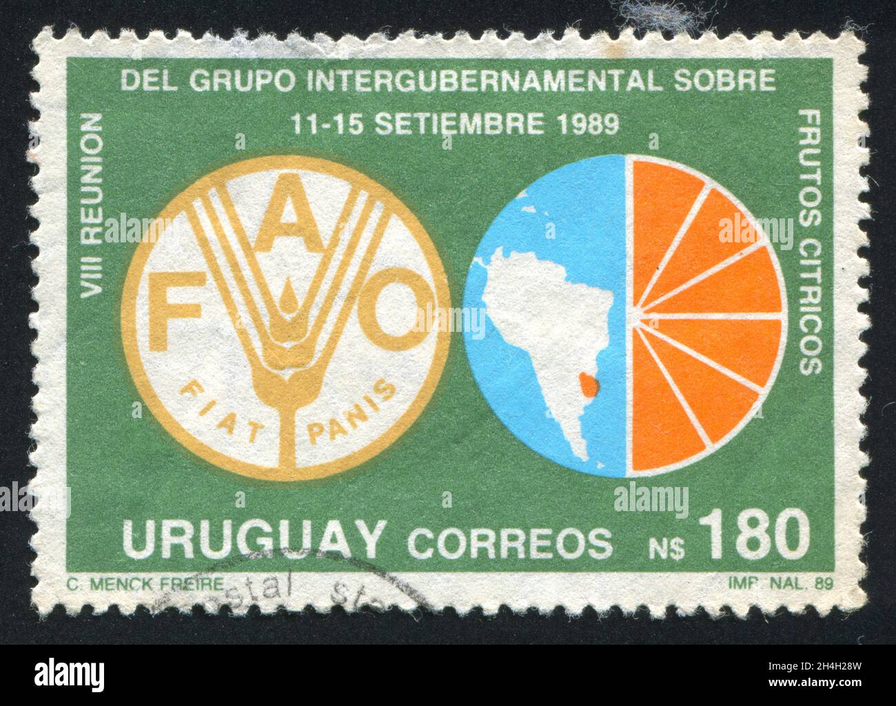 URUGUAY - CIRCA 1989: stamp printed by Uruguay, shows FAO Emblem, Map ...