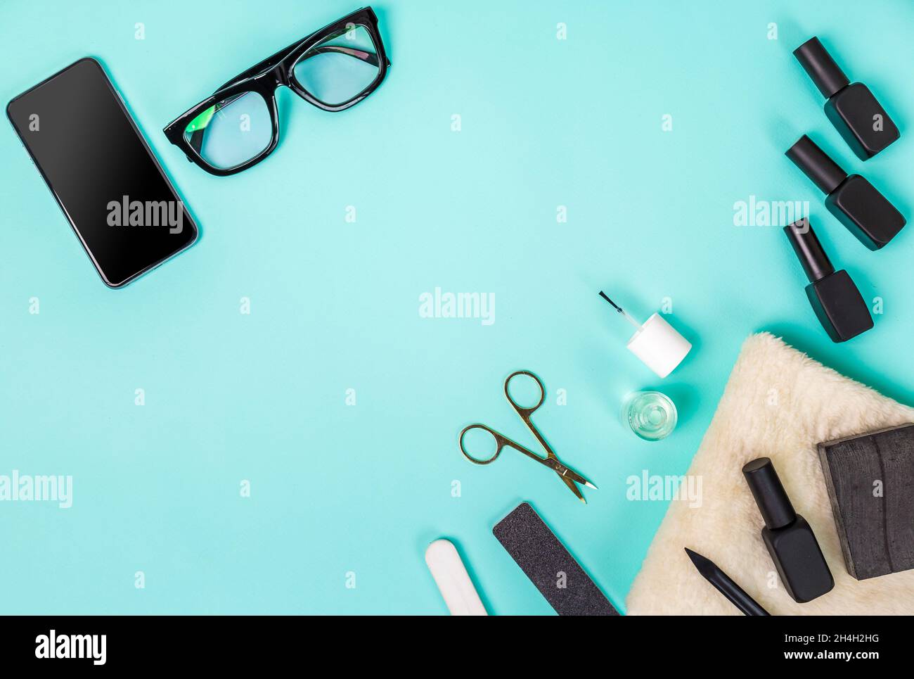 Top view of manicure and pedicure equipment on blue background Stock ...