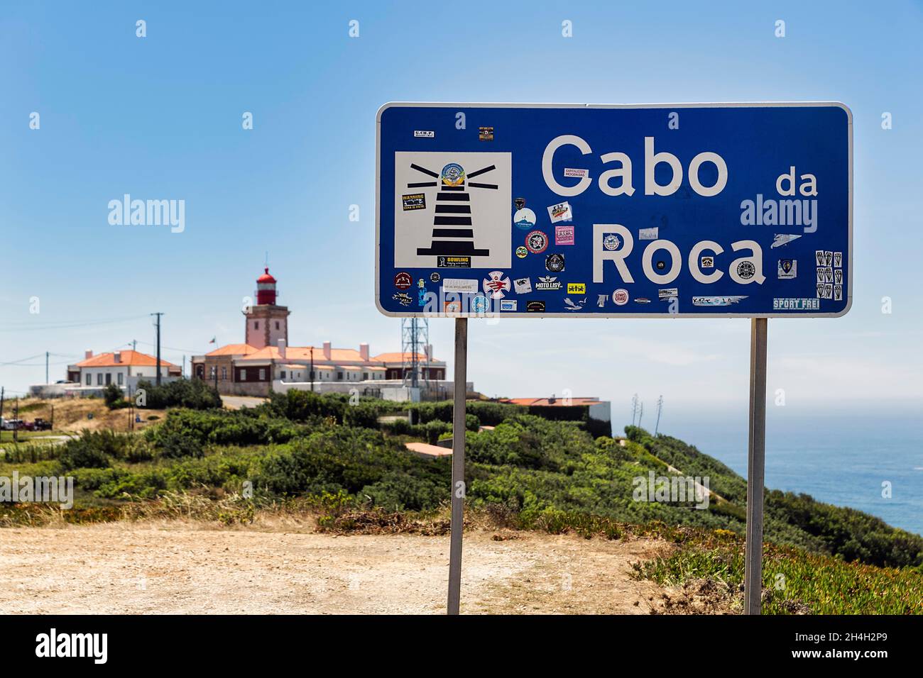 Sign with the inscription Cabo da Roca and pictogram lighthouse, Cabo ...