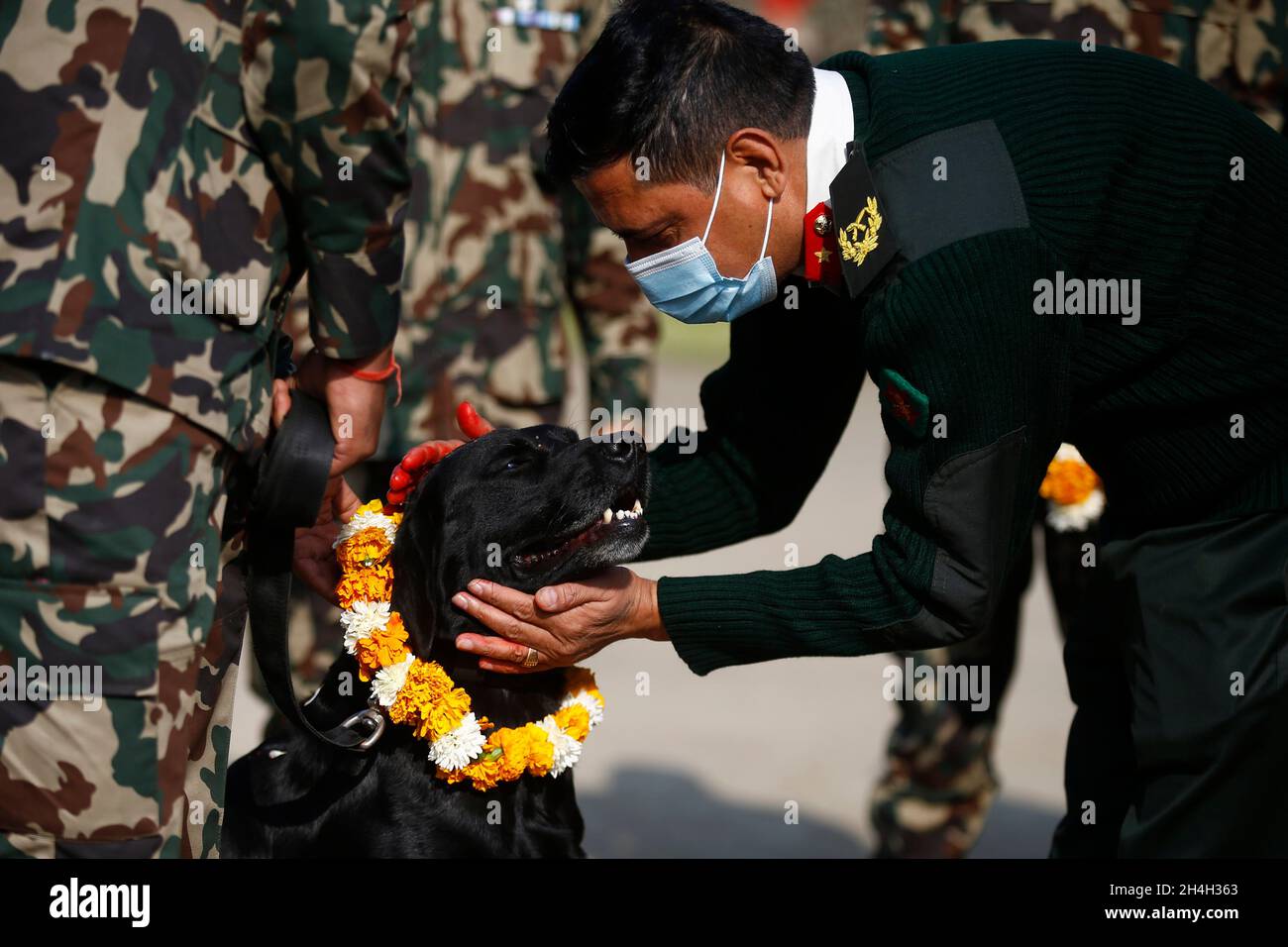 Bhaktapur, Nepal. 3rd Nov, 2021. A Nepalese Army officer worships a dog ...