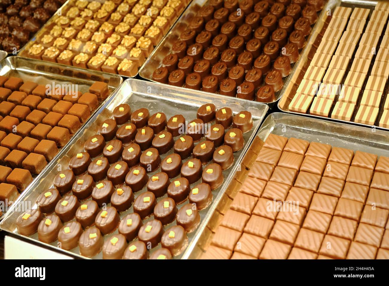 Chocolate pralines on tray are for sale, Zurich, Canton Zurich ...