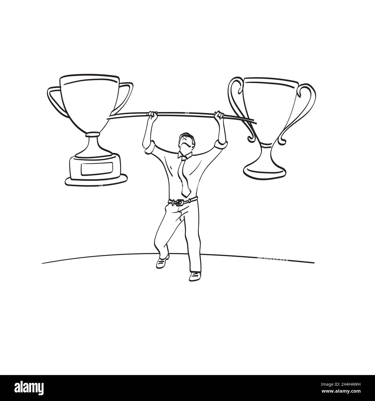 line art businessman lifting a heavy two trophies illustration vector ...