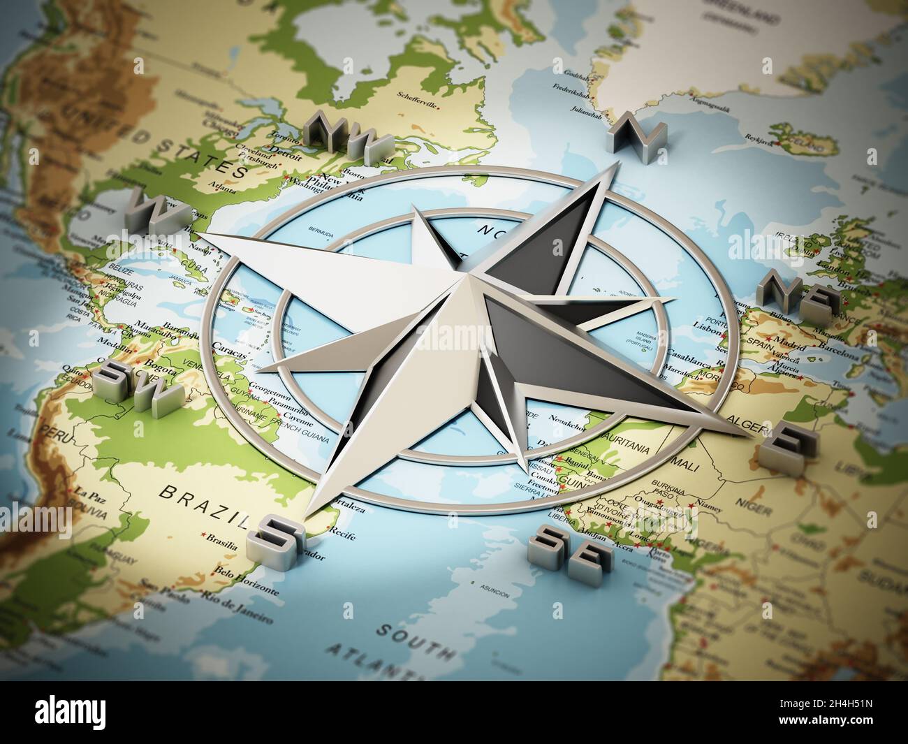 Vintage compass symbol showing the directions on the world map. 3D ...