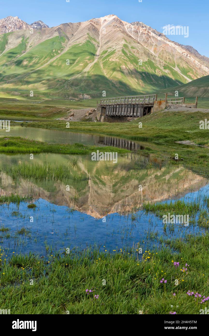 Mountains reflected in the water, Naryn Gorge, Naryn Region, Kyrgyzstan ...