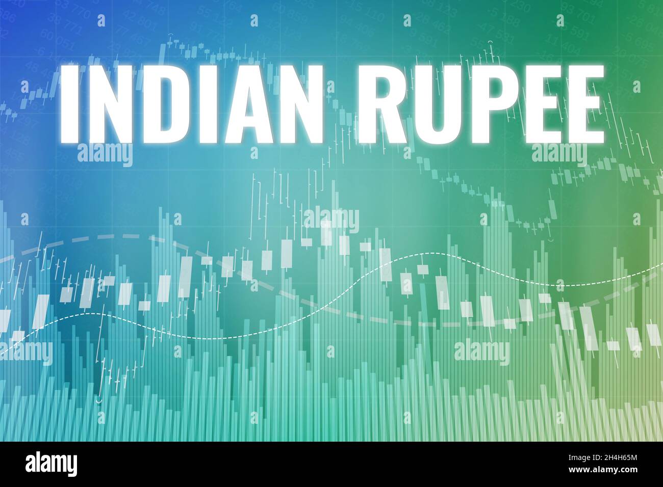Words Indian Rupee on blue and gren finance background from graphs ...