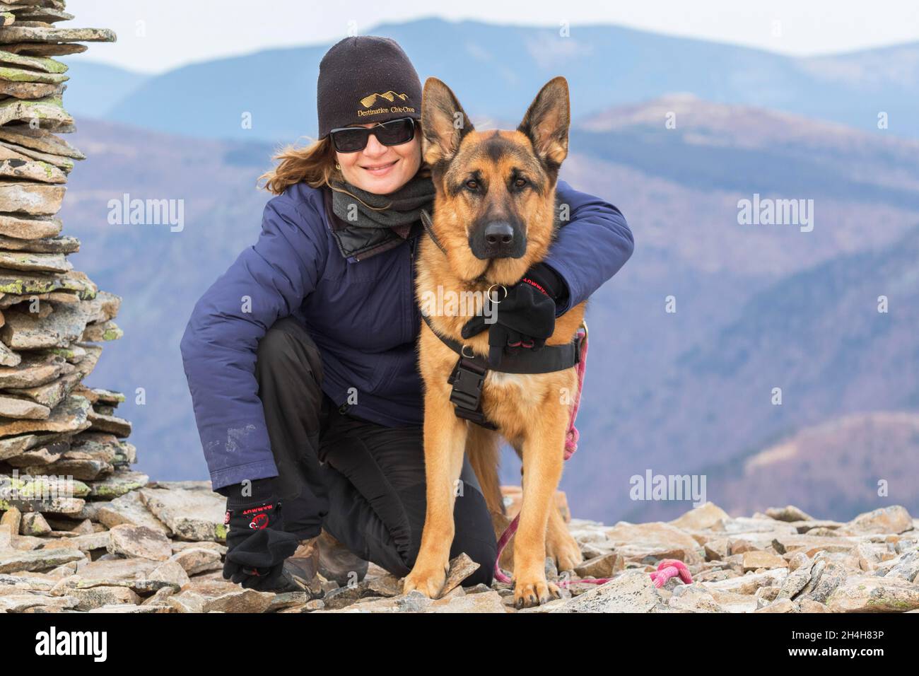 Woman and German Shepherd Mira, Mount Hogsback, Gaspesie, Quebec ...