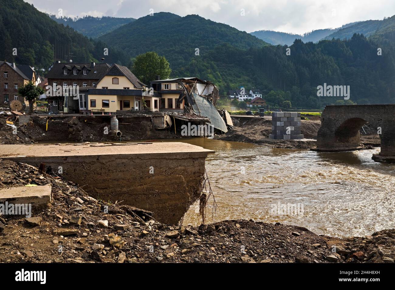 Flood disaster 2021, destroyed Nepomuk bridge over the river Ahr, Rech, Ahr valley, Eifel ...