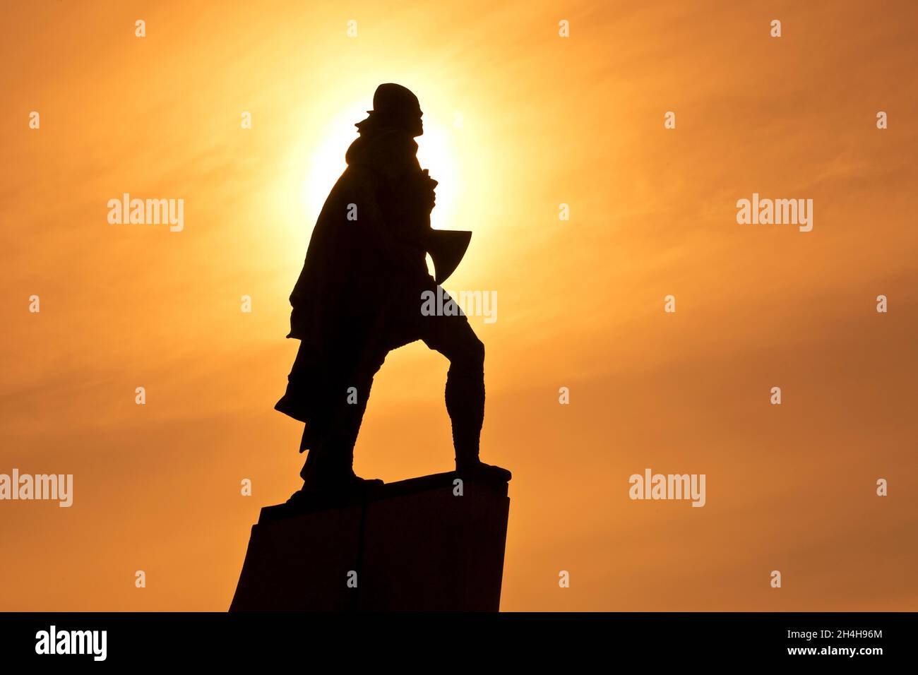 Statue of Leif Eriksson in the backlight, Reykjavik, Iceland Stock ...
