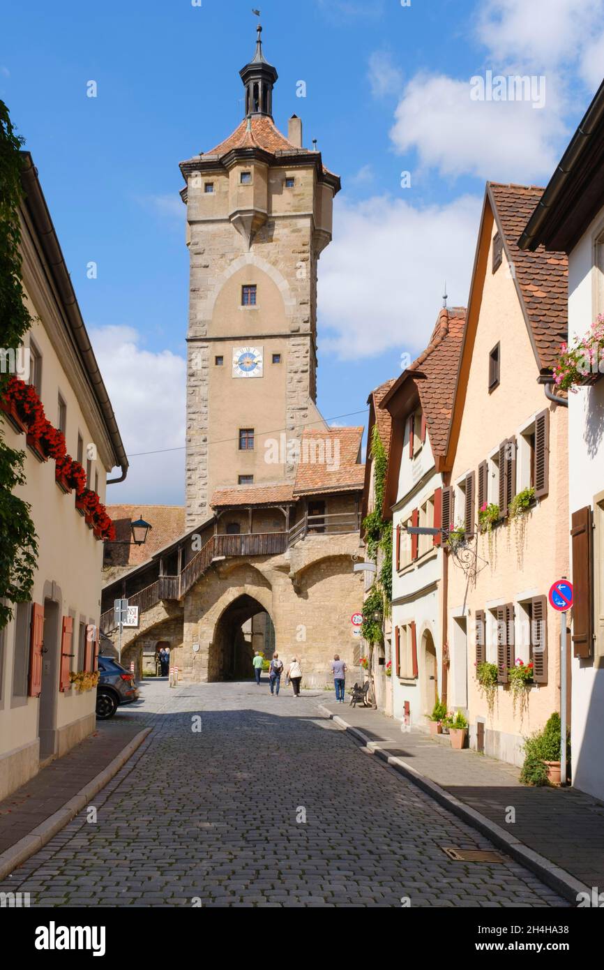 City wall with bell tower, Rothenburg ob der Tauber, Tauber Valley ...